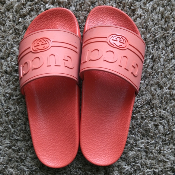 Gucci | Shoes | Gucci Logo Orange Pool Slider Sandals | Poshmark